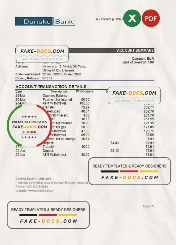 Lithuania Danske bank statement Excel and PDF template | Fake Docs Shop