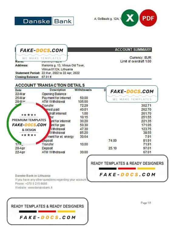 Lithuania Danske bank statement Excel and PDF template | Fake Docs Shop