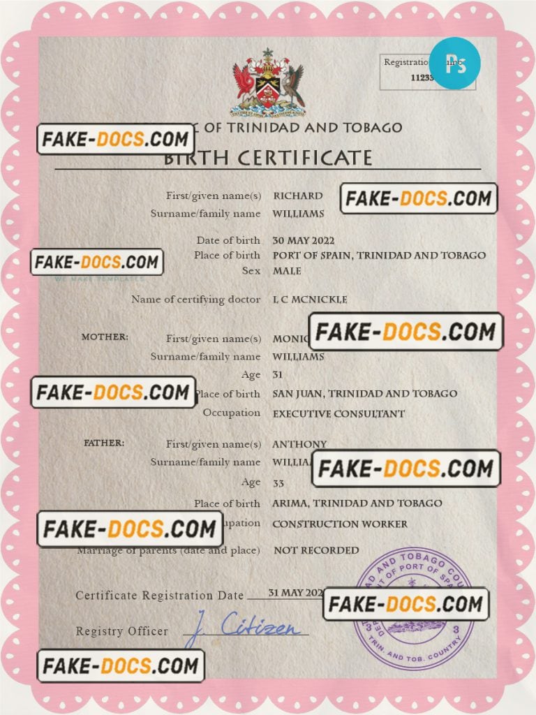 Trinidad and Tobago vital record birth certificate PSD template, fully editable | Fake Docs Shop