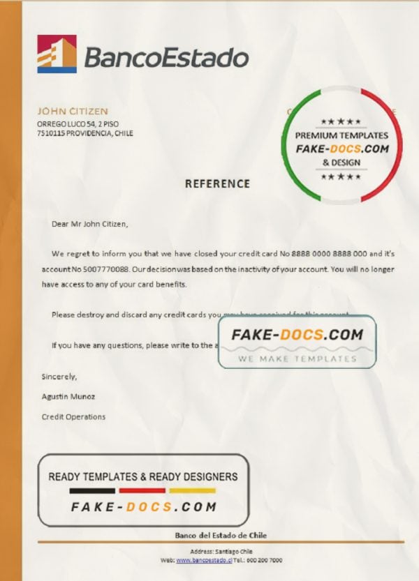 Chile Banco del Estado de Chile bank account closure reference letter template in Word and PDF ...