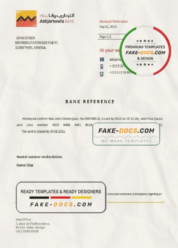 Senegal Attijariwafa bank account closure reference letter template in Word and PDF format ...