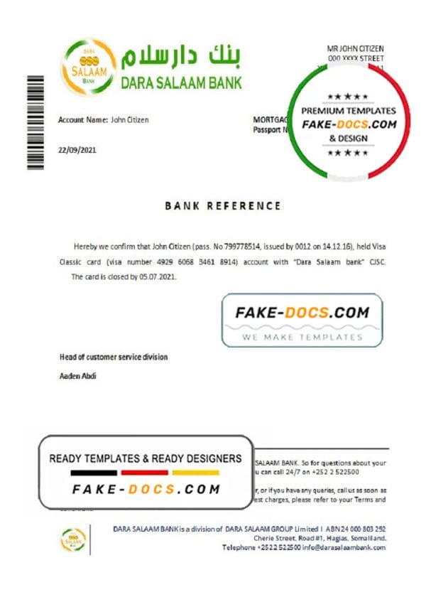 Somalia Dara Salaam Bank bank account closure reference letter template in Word and PDF format ...