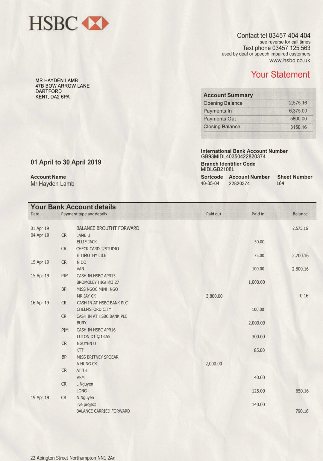 HSBC bank Statement psd template | Fake Docs Shop