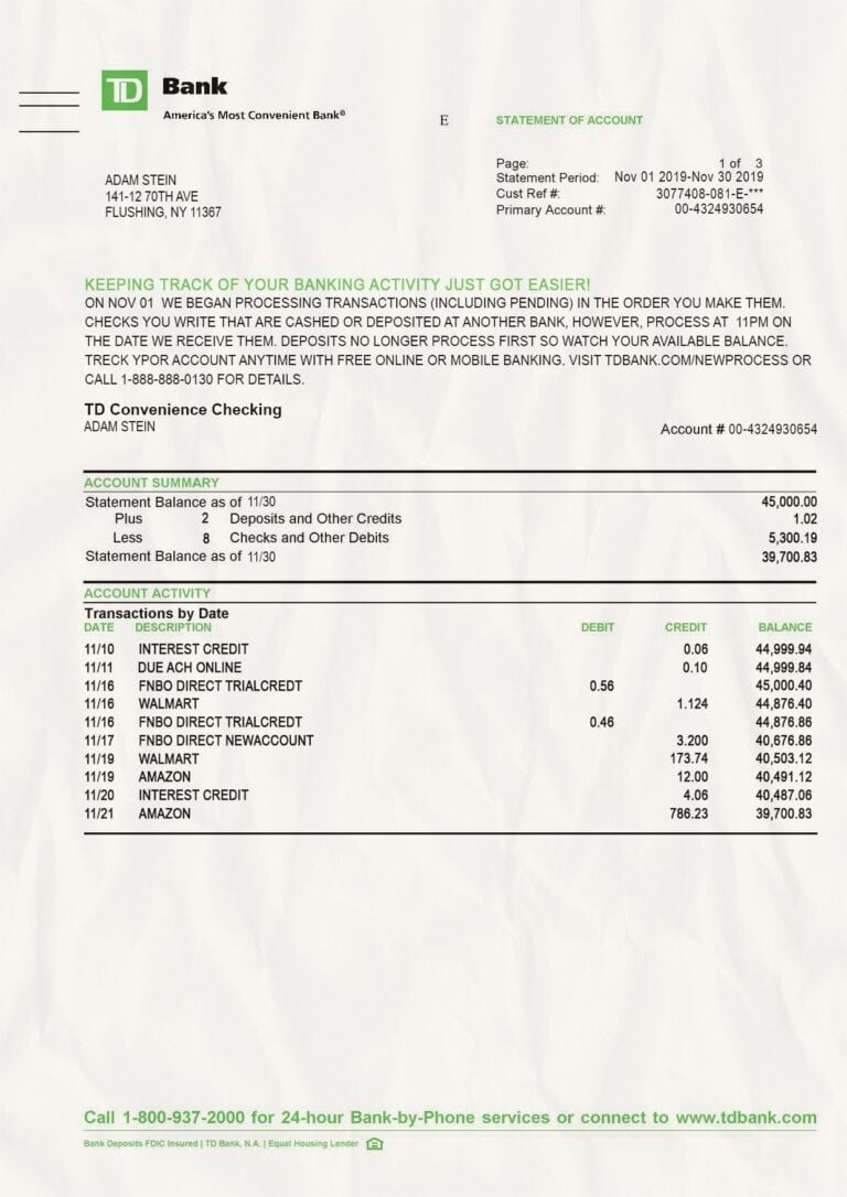 TD bank Statement psd template | Fake Docs Shop