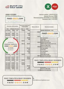 Kuwait Gulf bank statement Excel and PDF template | Fake Docs Shop