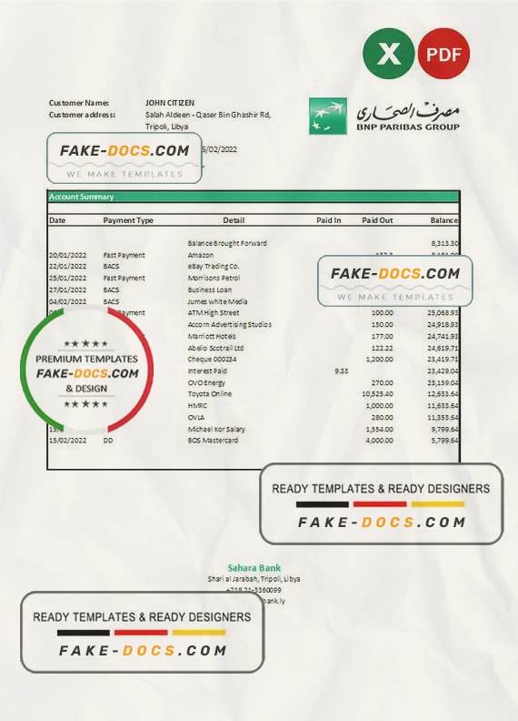 Libya Sahara Bank statement Excel and PDF template | Fake Docs Shop
