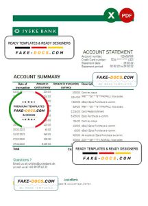 Denmark Jyske bank statement Excel and PDF template | Fake Docs Shop