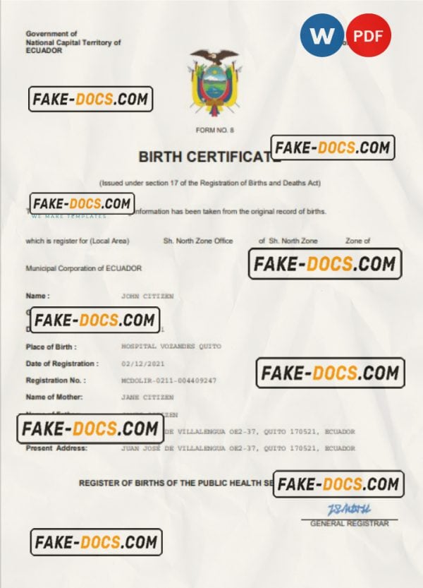 Ecuador vital record birth certificate Word and PDF template ...
