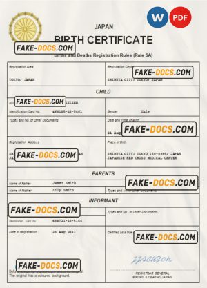 Japan birth certificate Word and PDF template, completely editable ...