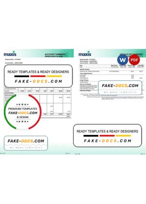 Malaysia Maxis bank statement, Word and PDF template, 5 pages | Fake Docs