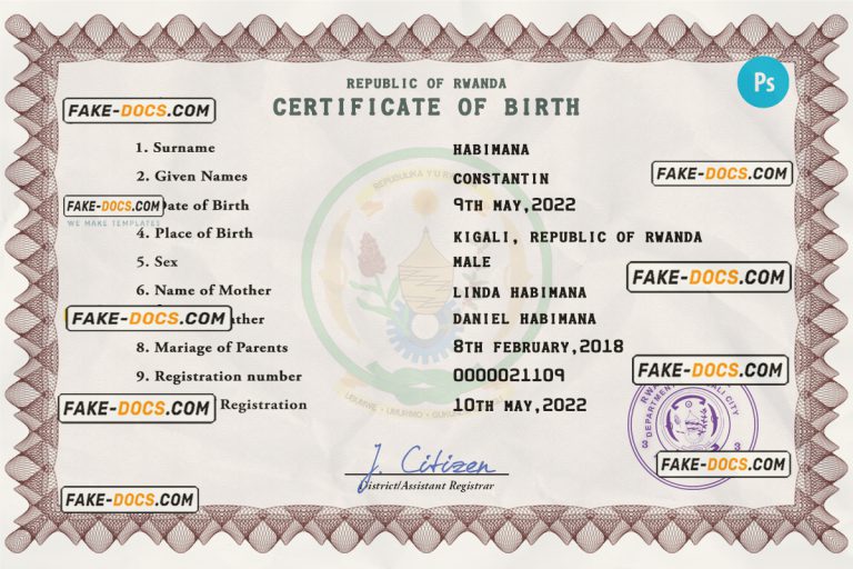 Rwanda birth certificate PSD template, completely editable | Fake Docs