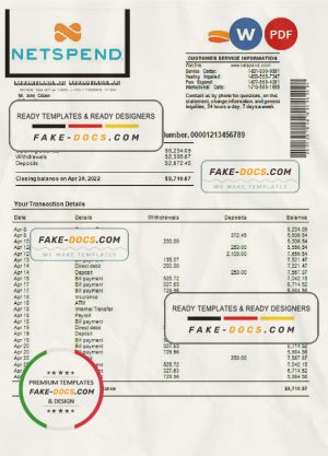 USA Netspend bank statement Word and PDF template | Fake Docs Shop