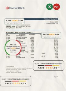 Zambia Cavmont bank statement, Excel and PDF template | Fake Docs Shop