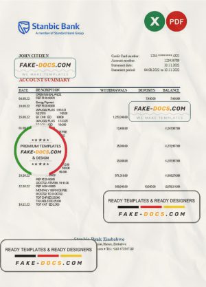 Zimbabwe Stanbic bank statement, Excel and PDF template | Fake Docs Shop