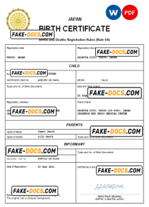 Japan birth certificate Word and PDF template, completely editable ...
