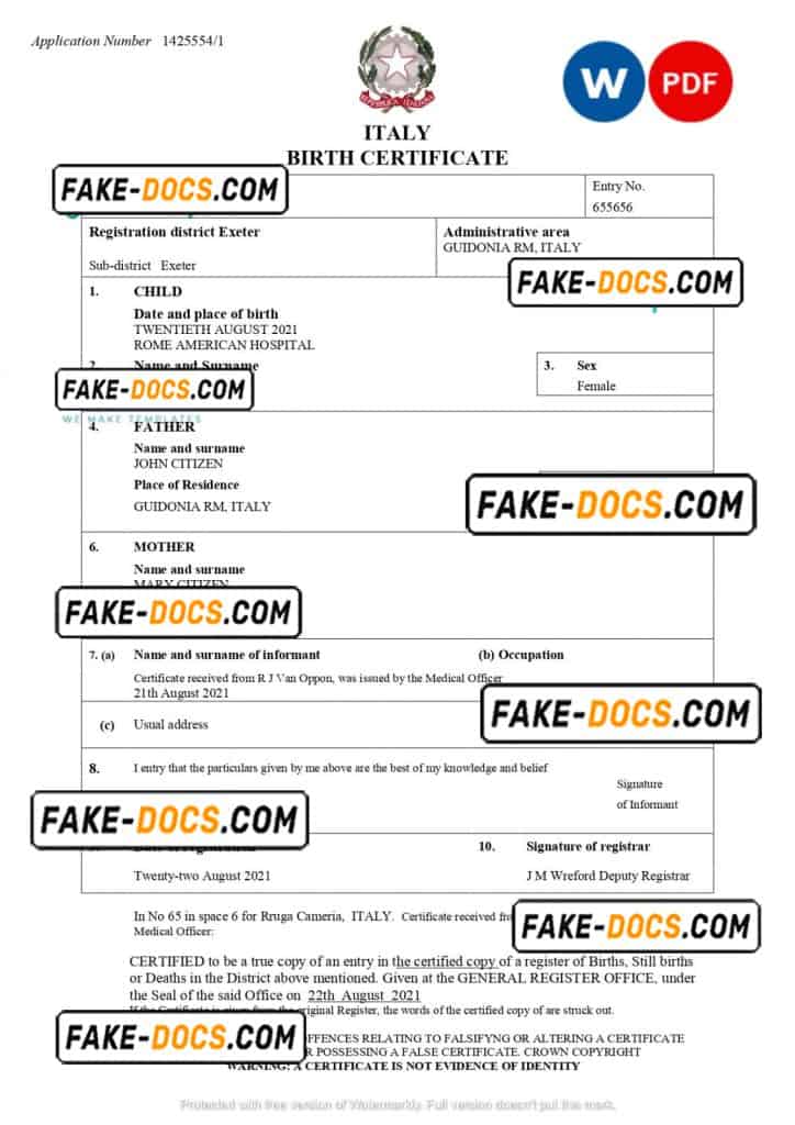 Italy birth certificate Word and PDF template, completely editable ...