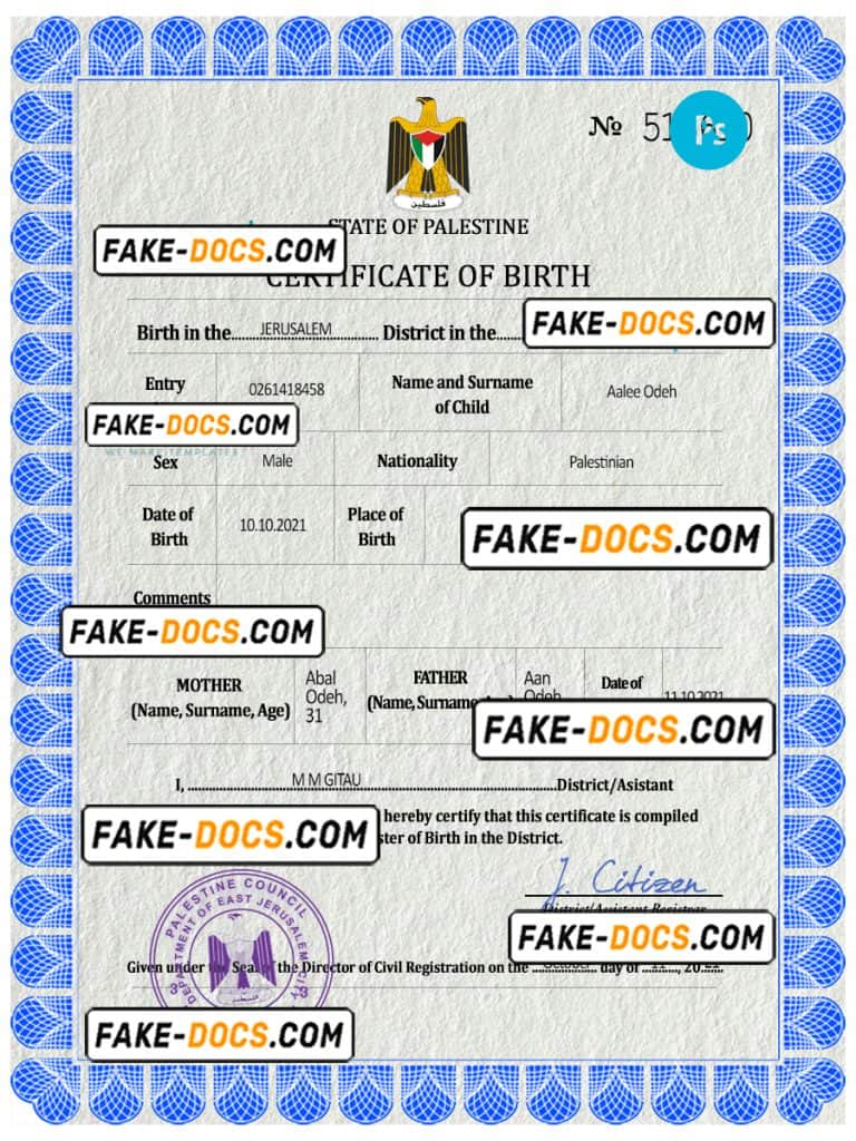 Palestine vital record birth certificate PSD template | Fake Docs Shop