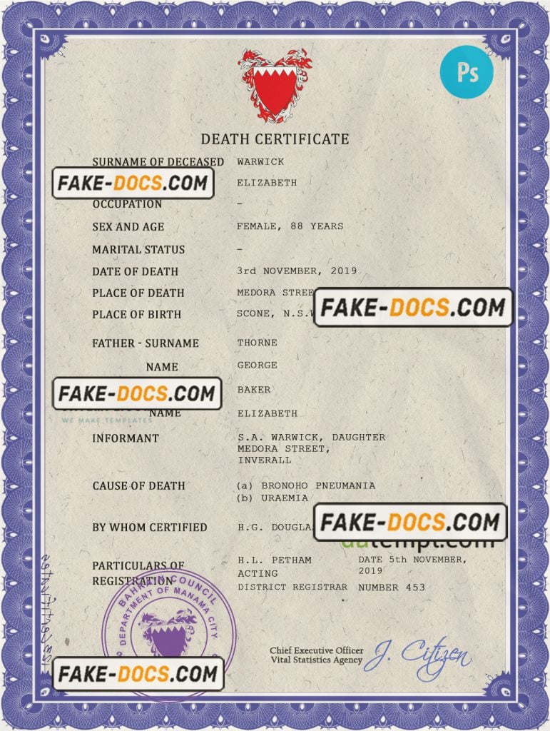 Bahrain death certificate PSD template, completely editable | Fake Docs