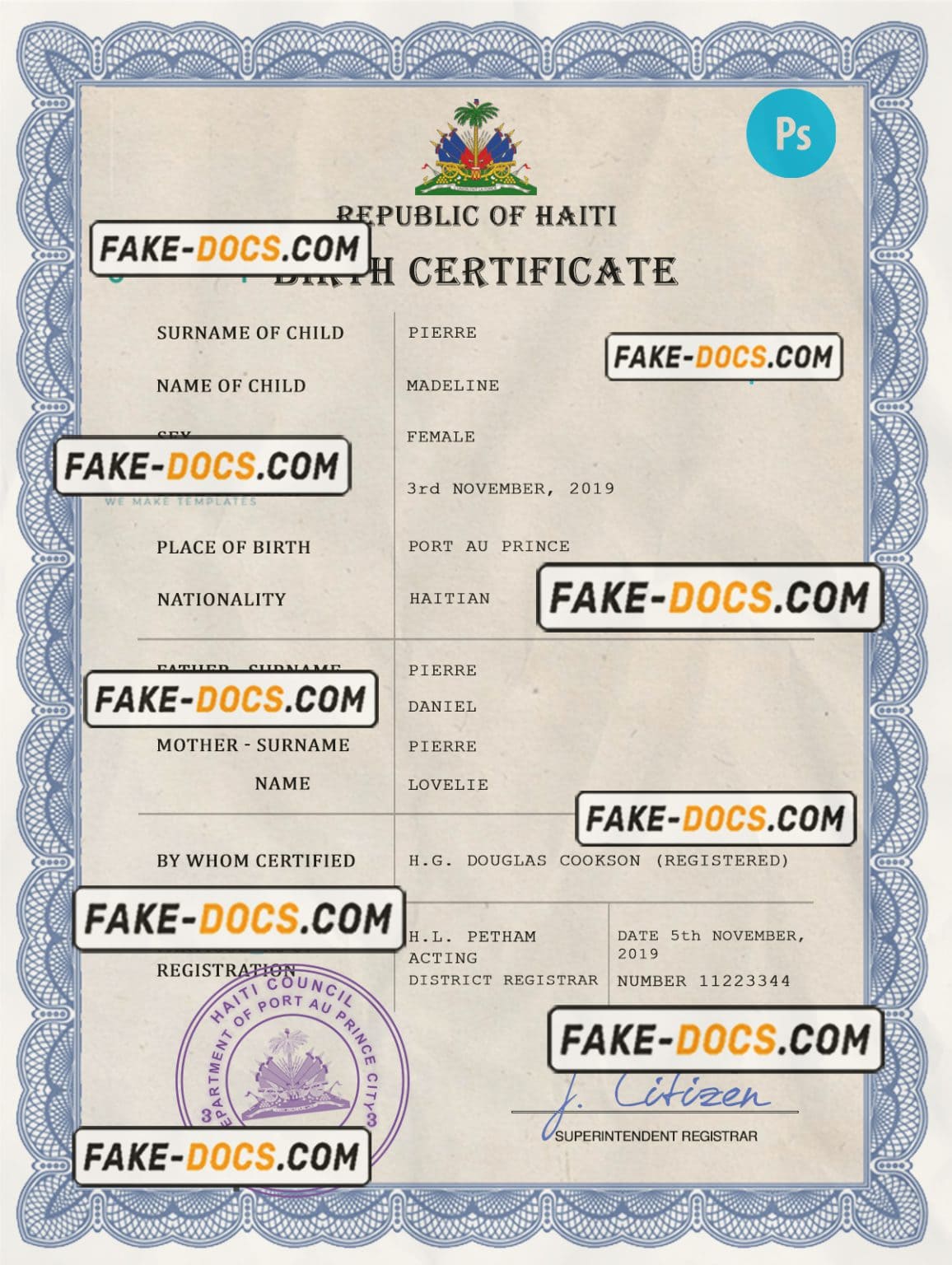 Haiti vital record birth certificate PSD template | Fake Docs Shop