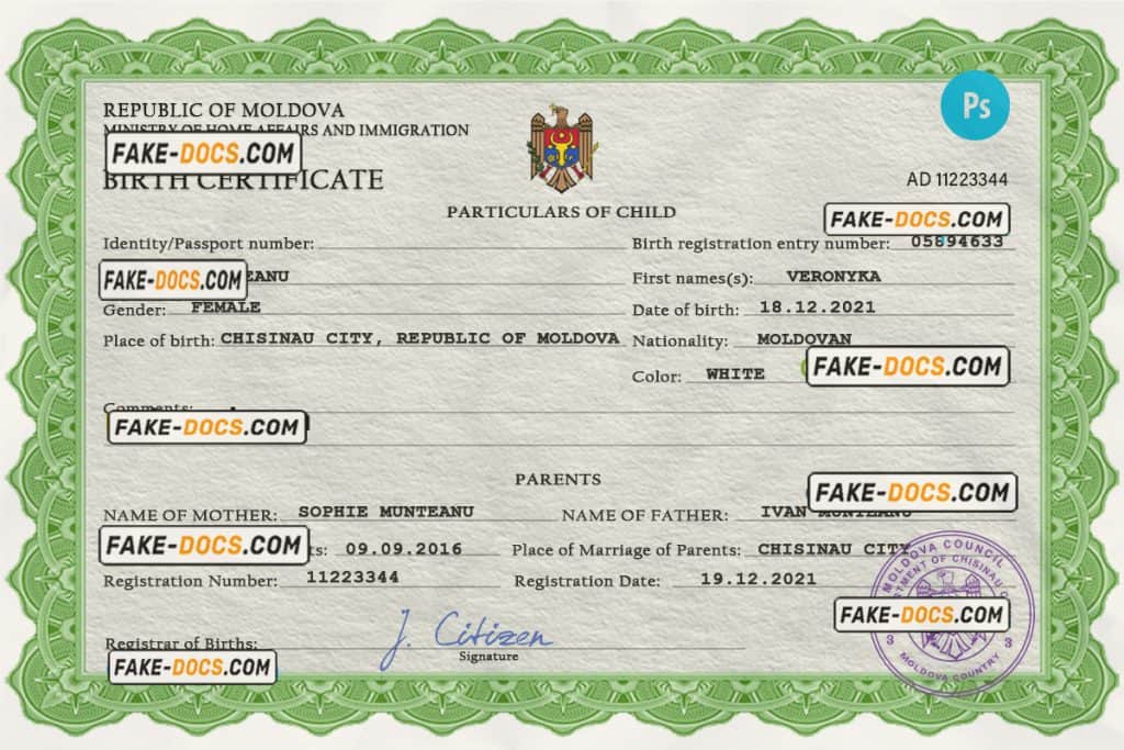 Moldova vital record birth certificate PSD template | Fake Docs Shop