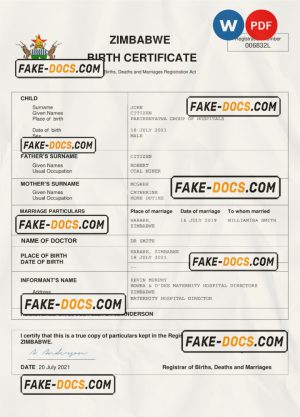 Zimbabwe vital record birth certificate Word and PDF template ...