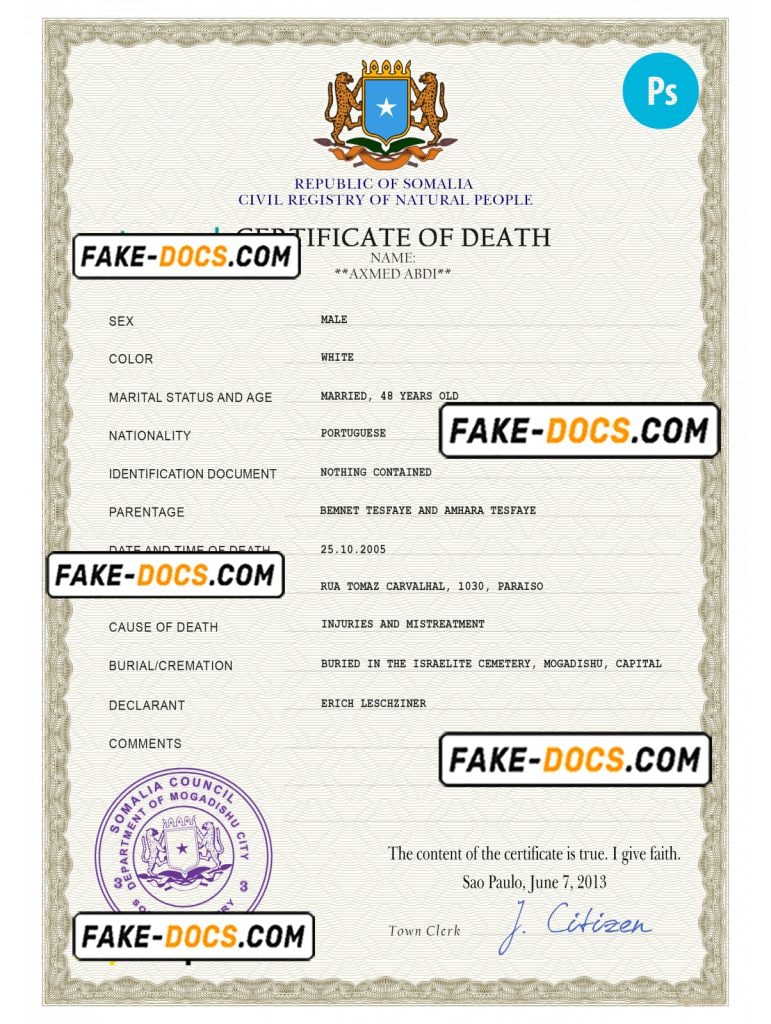 Somalia vital record death certificate PSD template, completely editable | Fake Docs Shop