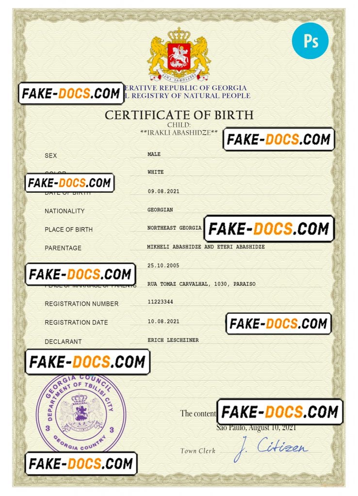 Georgia vital record birth certificate PSD template | Fake Docs Shop