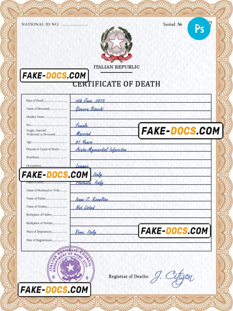 Italy vital record death certificate PSD template, fully editable ...