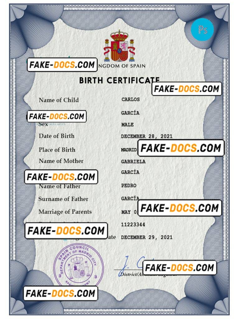 Spain vital record birth certificate PSD template, fully editable | Fake Docs
