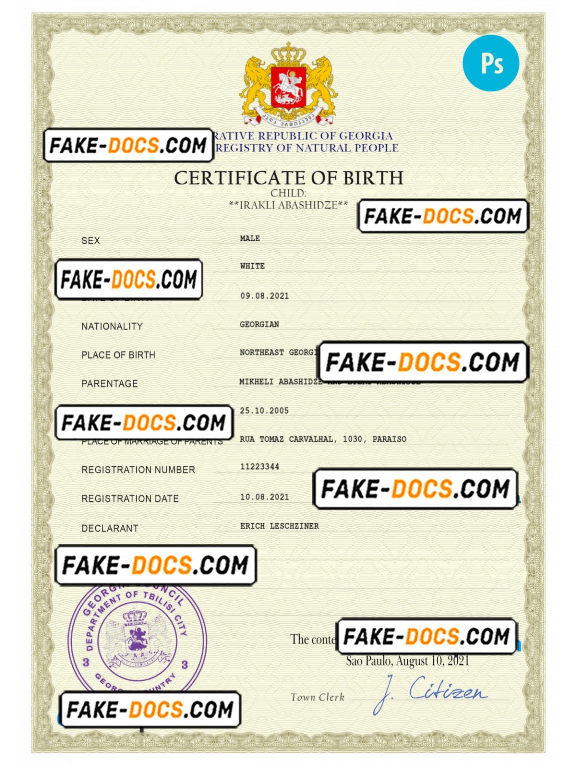 Georgia vital record birth certificate PSD template | Fake Docs Shop
