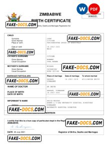 Zimbabwe vital record birth certificate Word and PDF template ...