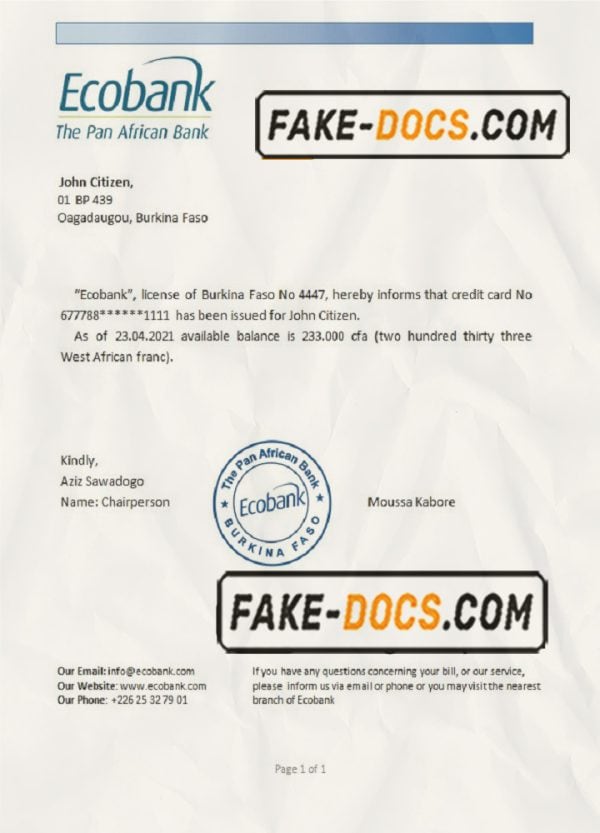 Burkina Faso Ecobank bank reference letter template in Word and PDF ...