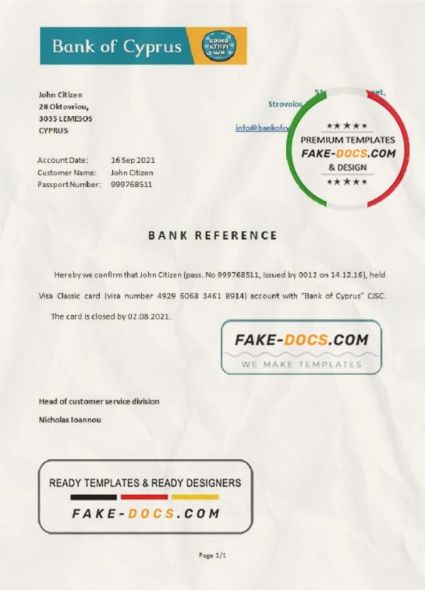 Cyprus Bank of Cyprus bank account closure reference letter template in ...