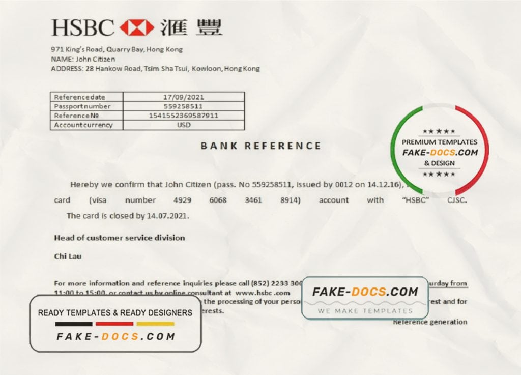 Hong Kong HSBC bank account closure reference letter template in Word ...