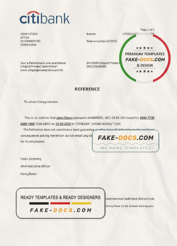 Hong Kong Citibank bank account closure reference letter template in ...