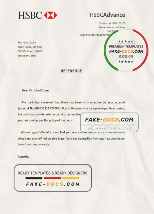 Israel HSBC bank account closure reference letter template in Word and ...