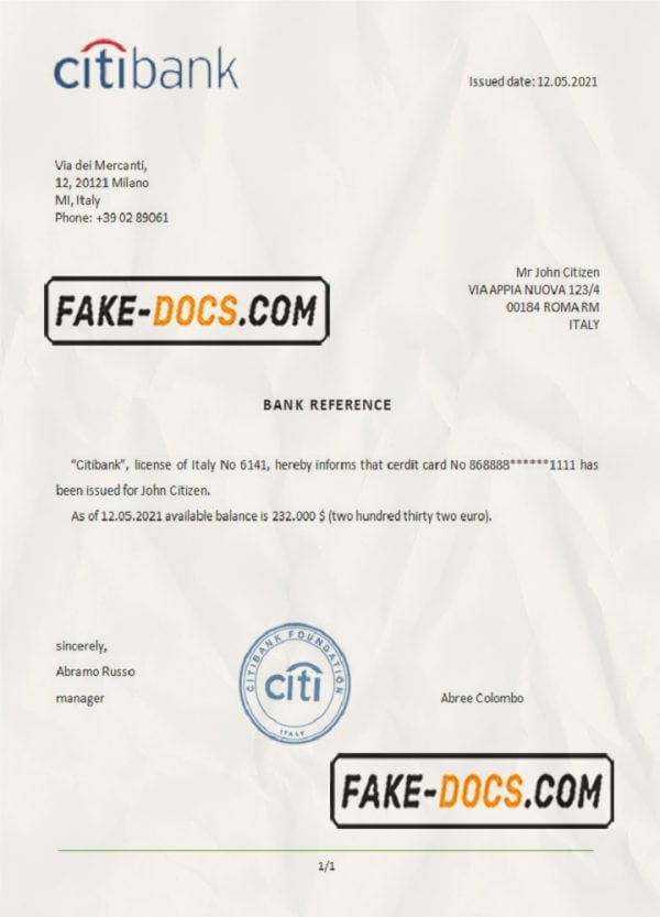 Italy Citibank bank account reference letter template in Word and PDF ...