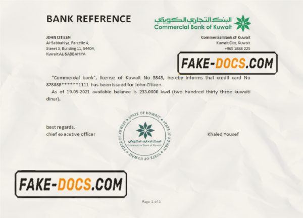 Kuwait Commercial Bank of Kuwait bank account reference letter template ...