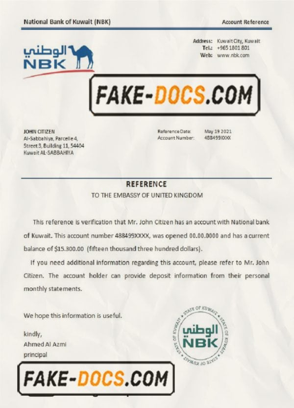 Kuwait National Bank of Kuwait bank account reference letter template ...