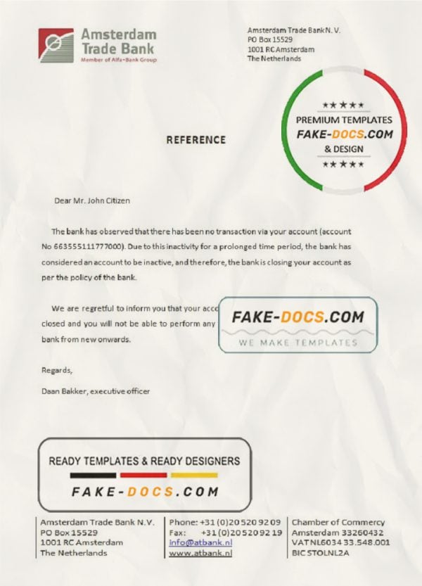 Netherlands Amsterdam Trade Bank account closure certificate template ...