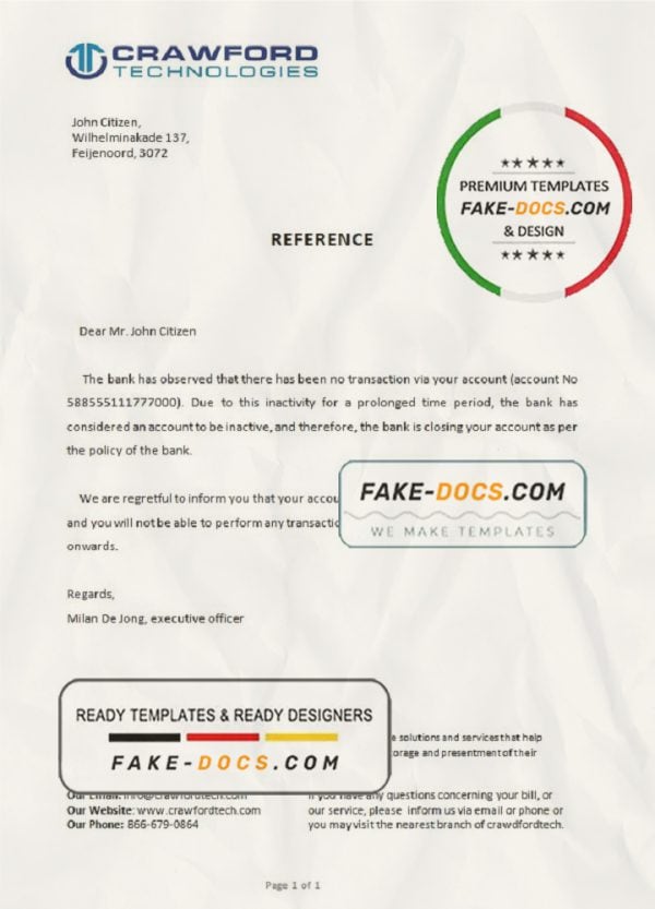 Netherlands Crawford bank account closure certificate template in Word ...