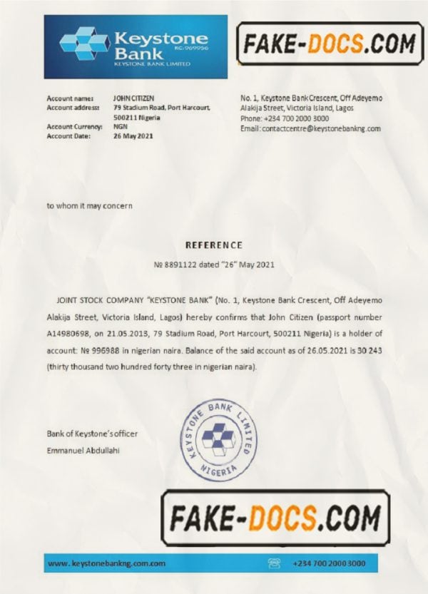 Nigeria Keystone Bank bank account reference letter template in Word and PDF format | Fake Docs Shop