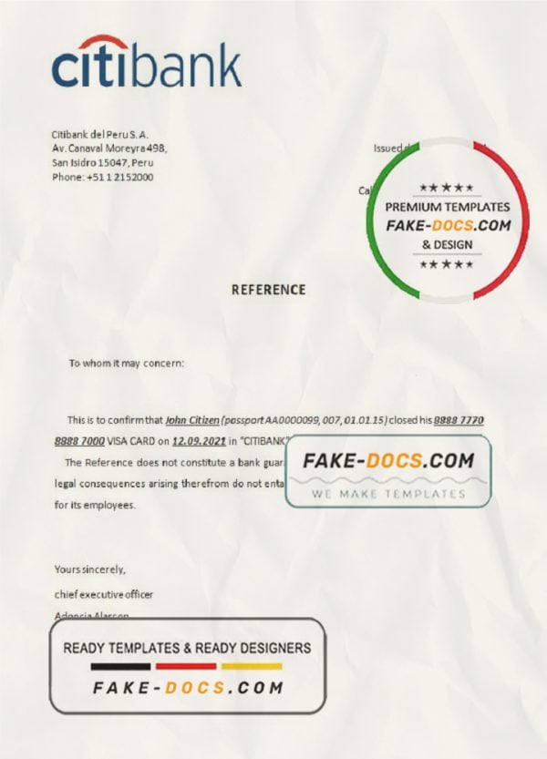 Peru Citibank bank account closure reference letter template in Word ...