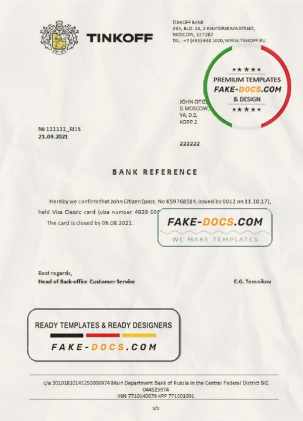 Russia Tinkoff bank account closure reference (USD) letter template in ...
