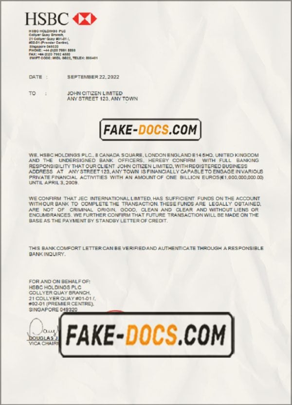 Singapore HSBC Bank reference letter template in Word and PDF format ...