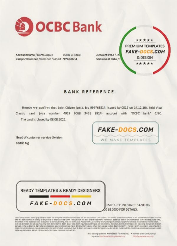 Singapore OCBC Bank bank account closure reference letter template in ...