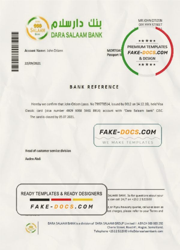 Somalia Dara Salaam Bank bank account closure reference letter template in Word and PDF format ...