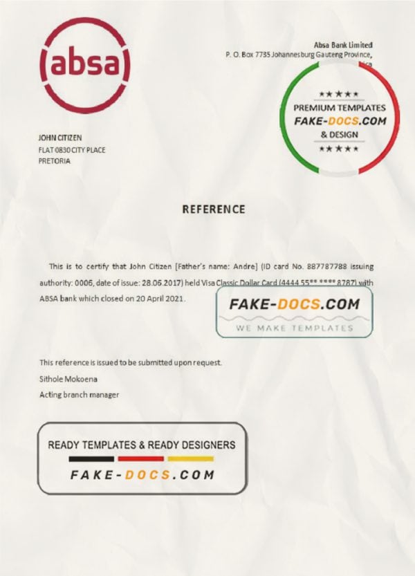 South Africa ABSA bank account closure reference letter template in Word and PDF format | Fake ...