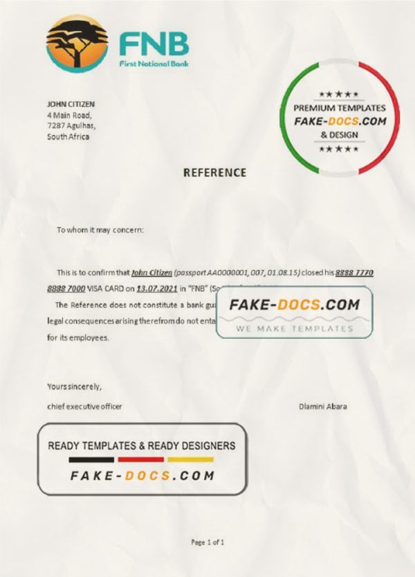 South Africa FNB bank account closure reference letter template in Word ...