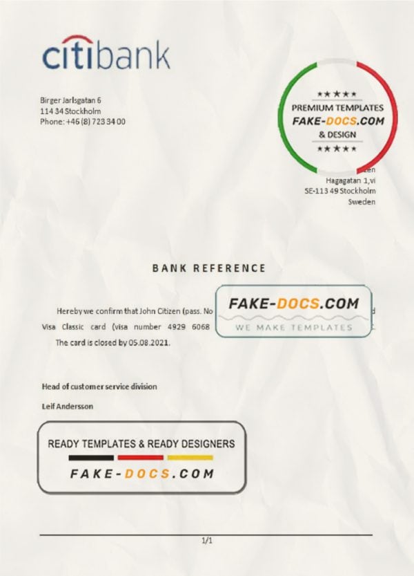 Sweden Citibank bank account closure reference letter template in Word ...